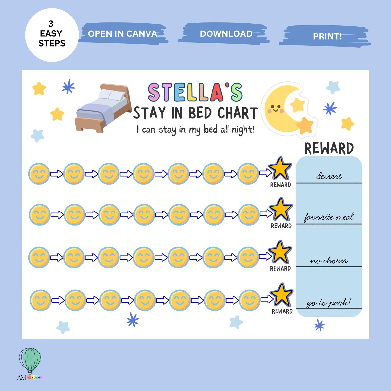 Stay in Bed Reward Bedtime Chart for Kids | Editable Bedtime Routine ...