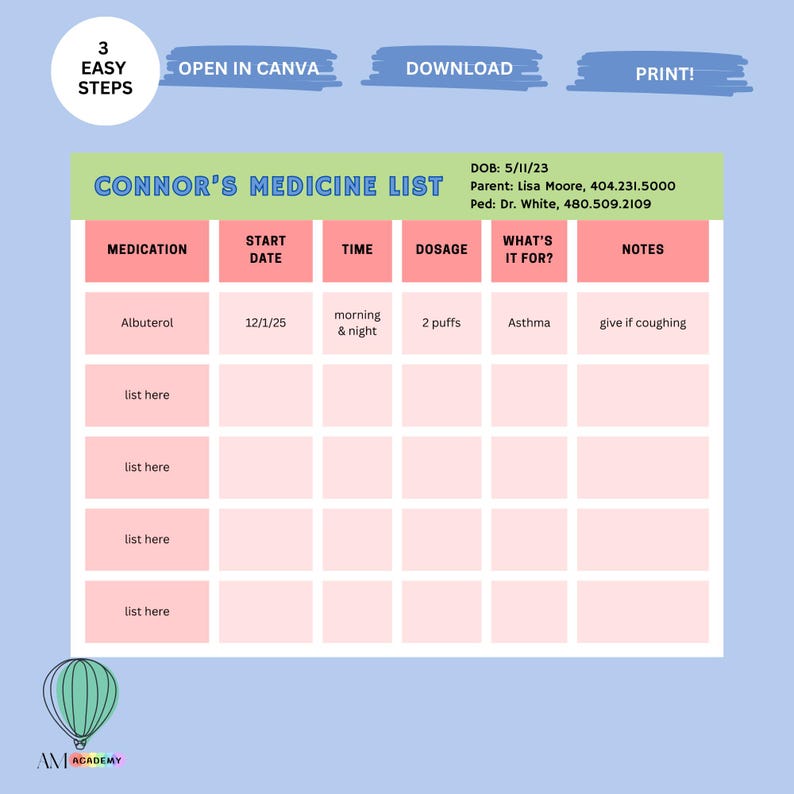 Kids Medication Chart Printable | Editable Medication Tracker ...