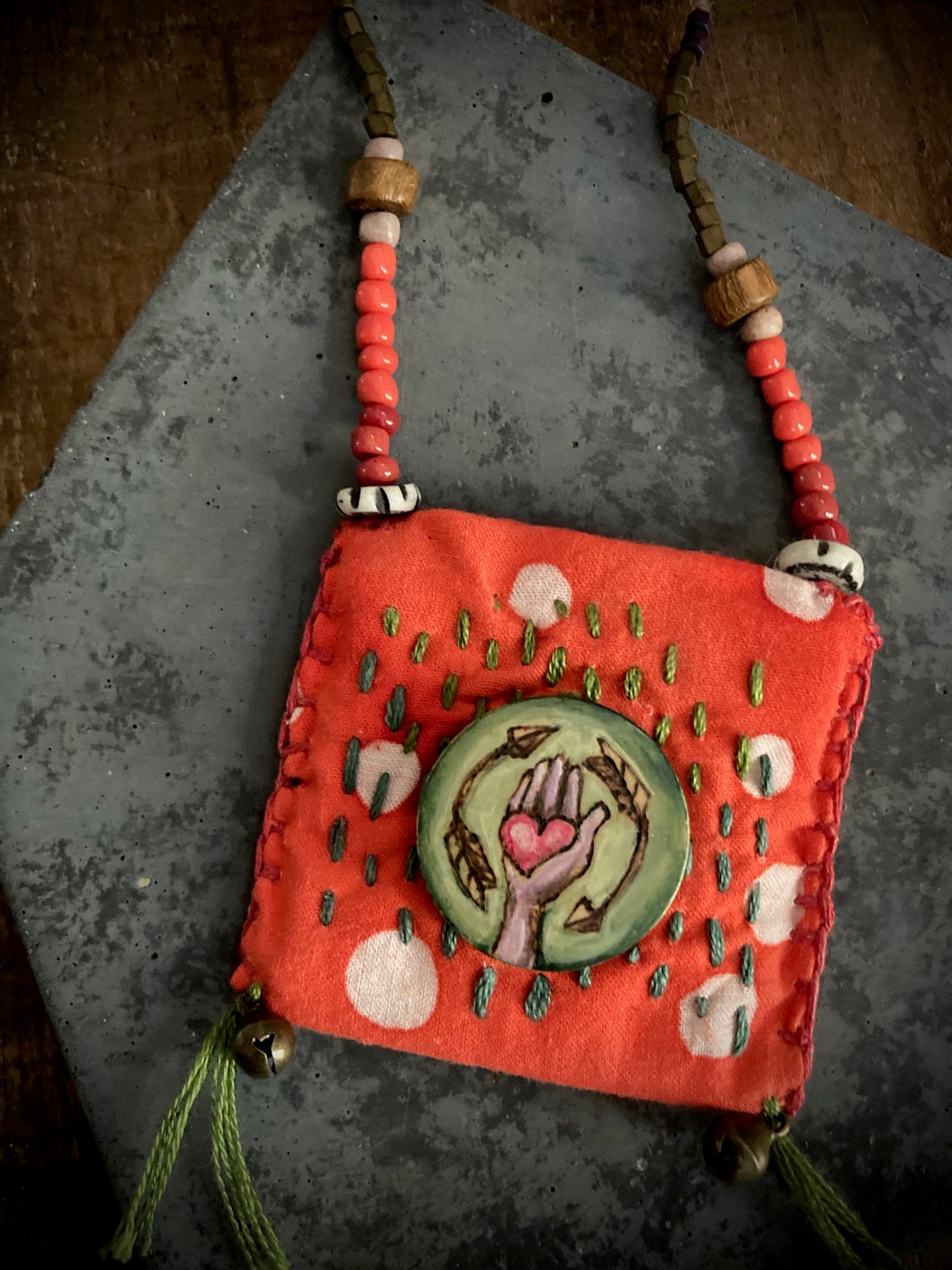 Poetry Pouch Necklace in Red With Pyrography, Bells and Beads - Etsy