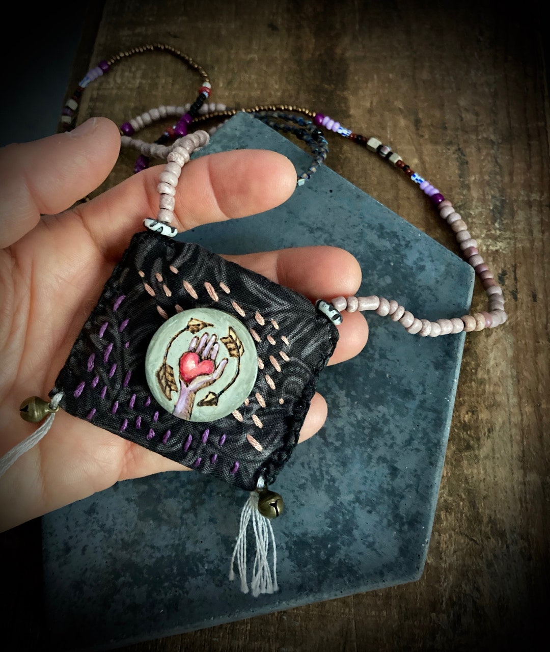 Poetry Pouch Necklace in Black and Grey With Pyrography, Bells and ...