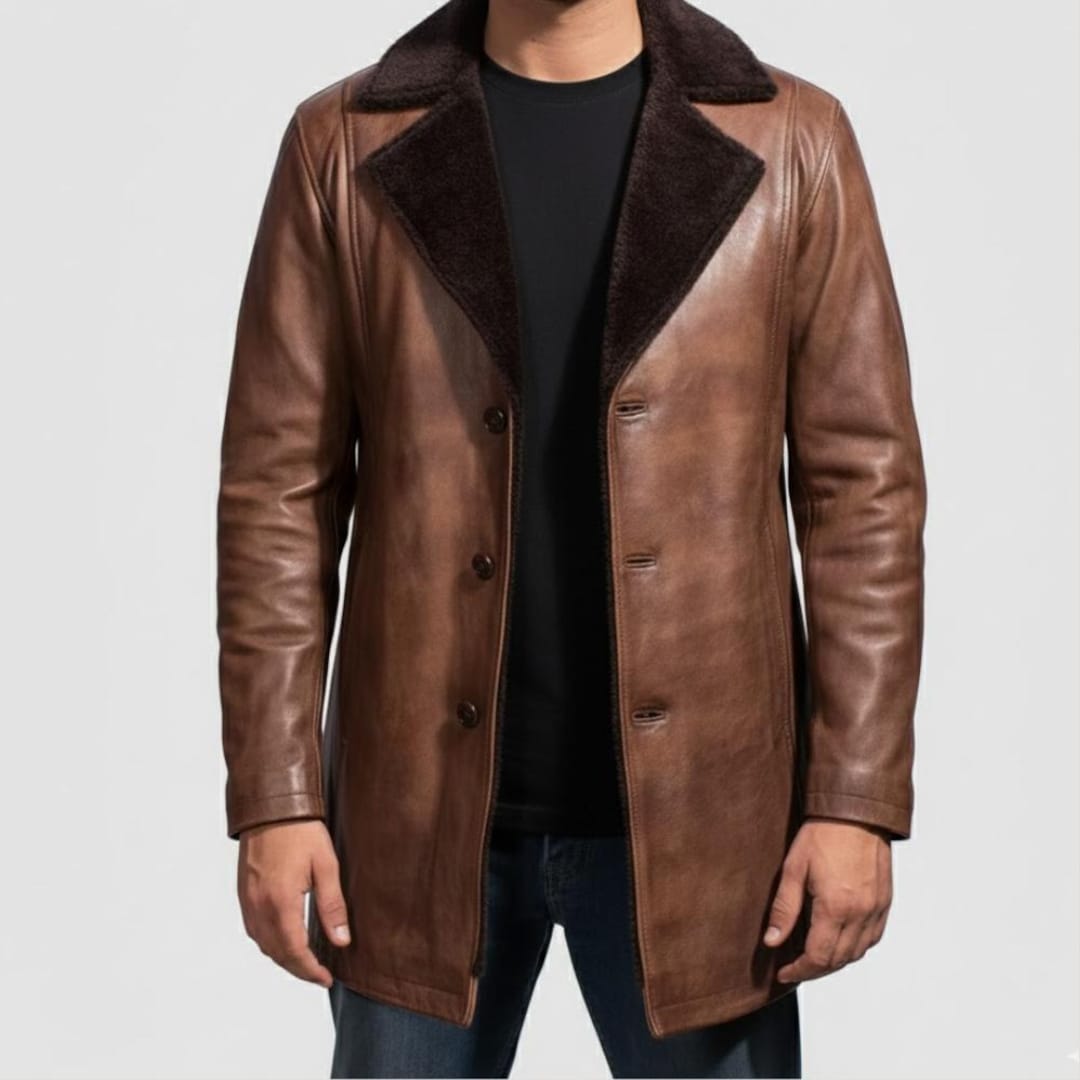 Distressed Brown Leather Fur Coat | Burnished Real Leather Winter Coat ...
