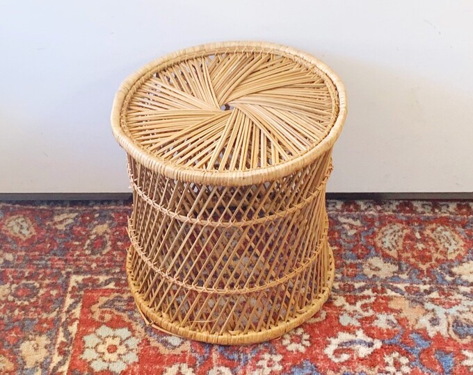 Vintage Small Round Rattan Side Table Rattan Plant Stand Bohemian Decor ...