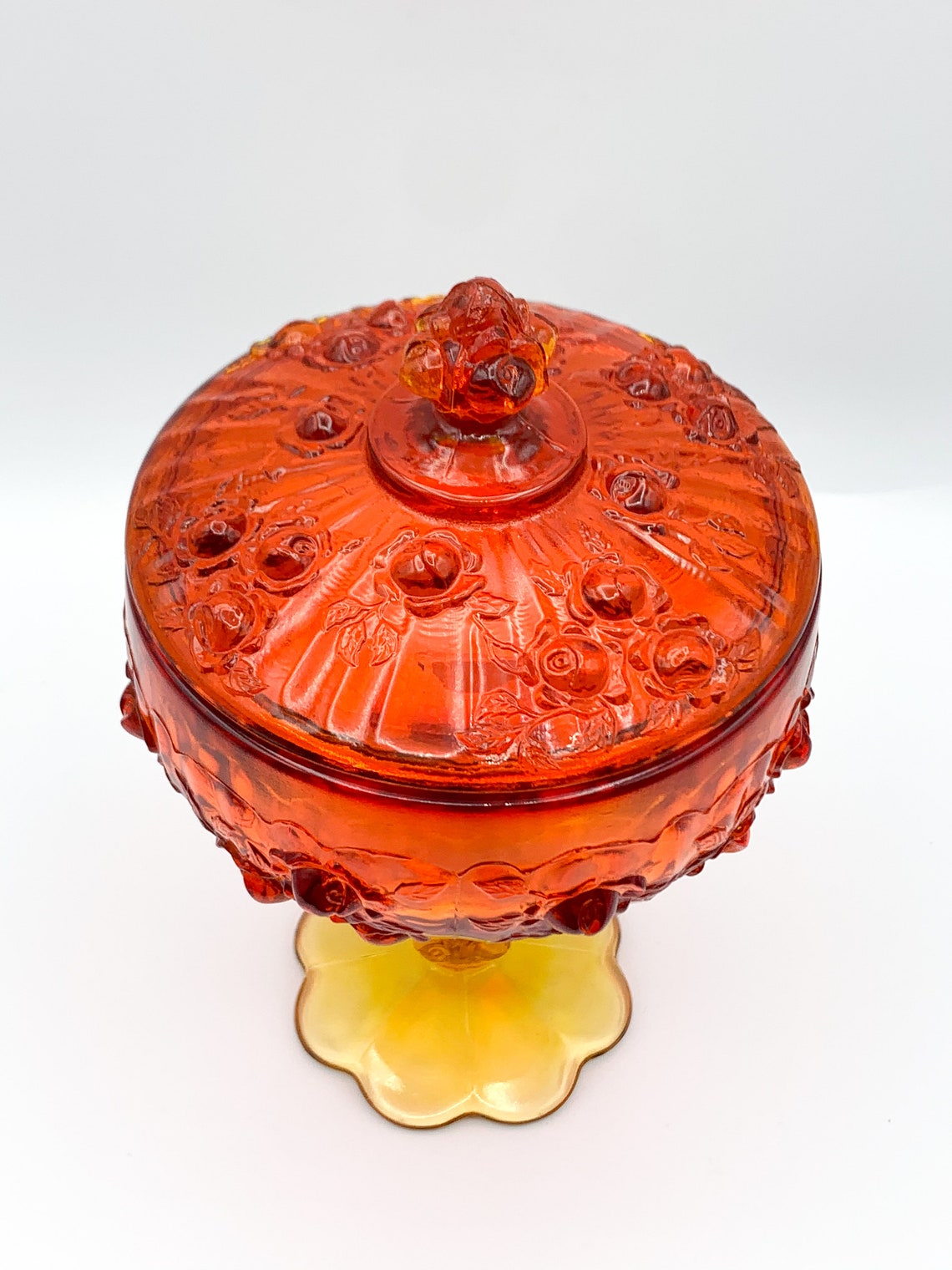 Vintage FENTON Amberina Compote with Lid in Cabbage Rose | Etsy