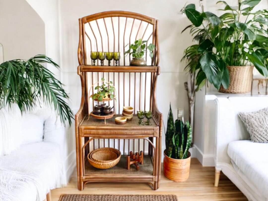 Mid Century Cane Wicker & Rattan Bakers Rack Shelving | Boho Chic ...