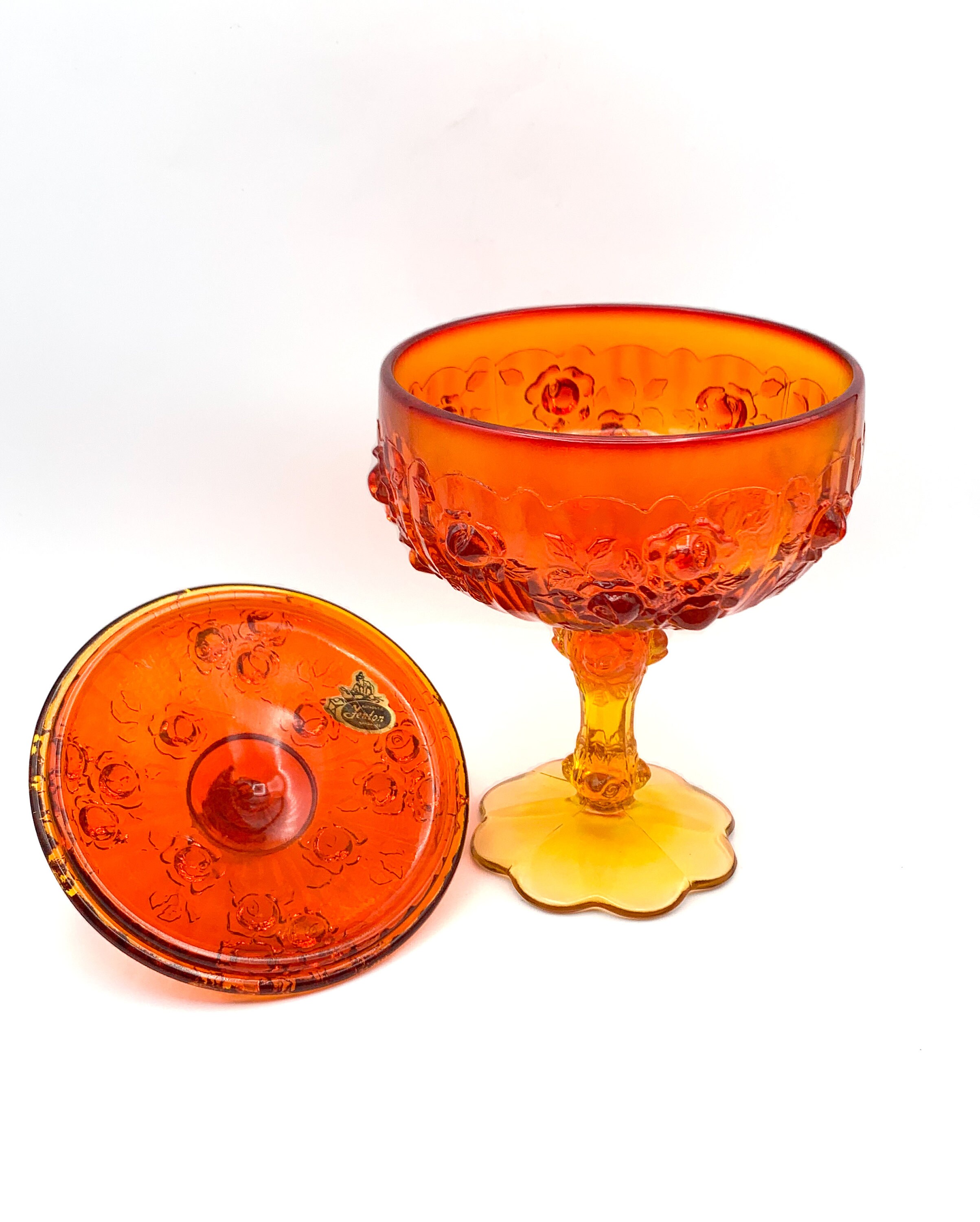 Vintage FENTON Amberina Compote with Lid in Cabbage Rose | Etsy