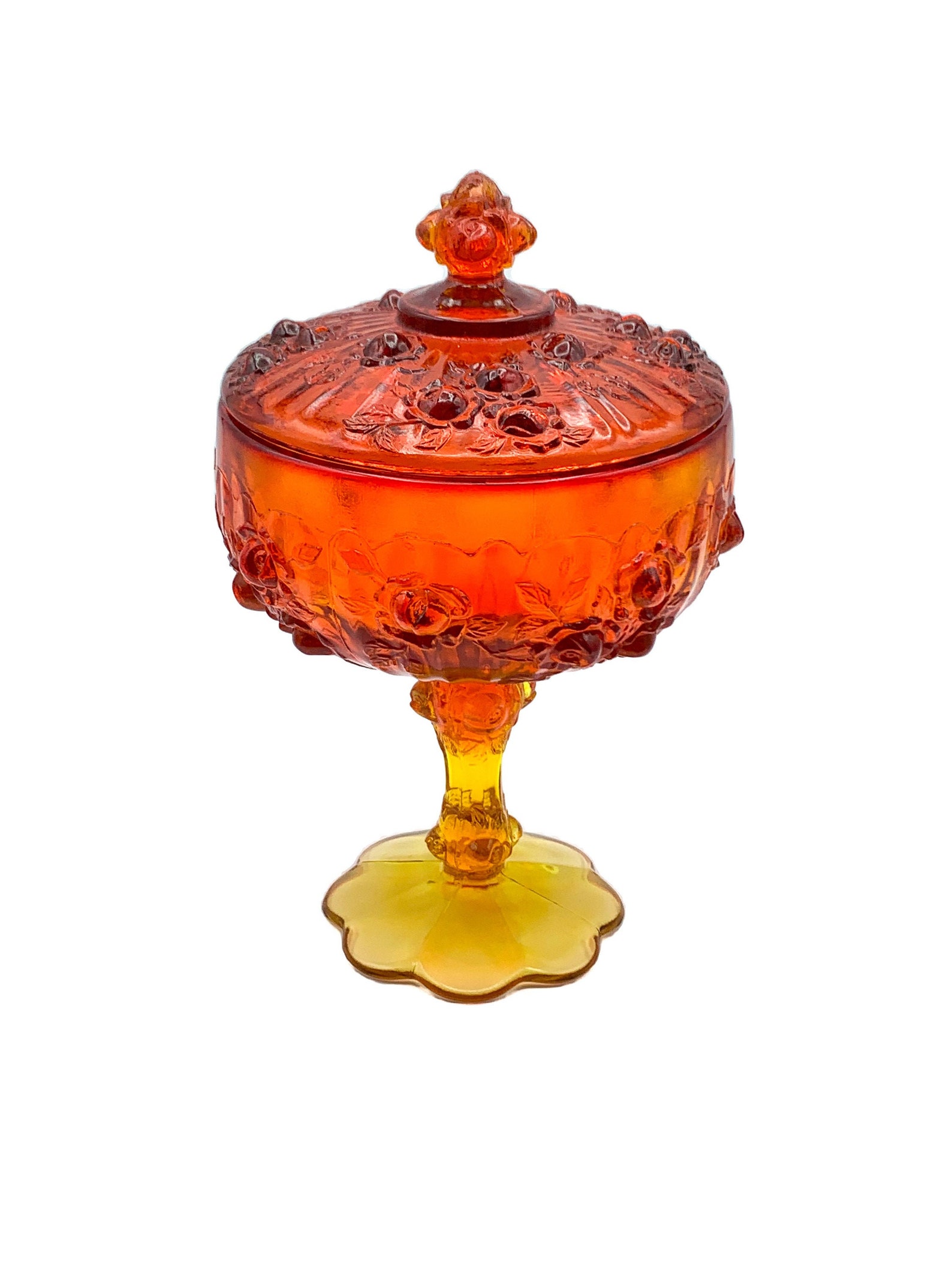 Vintage FENTON Amberina Compote with Lid in Cabbage Rose | Etsy