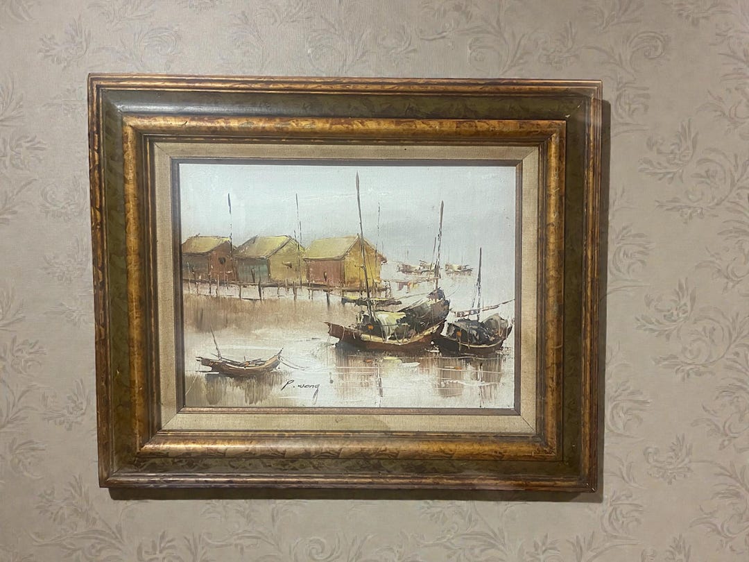 Peter Wong Mid Century Oil Painting | Boats & Houseboats | Serene Water ...