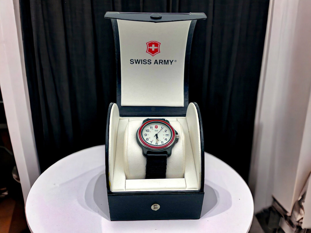 Vintage Swiss Army Victorinox Mens Military Field Red Bezel Watch With ...