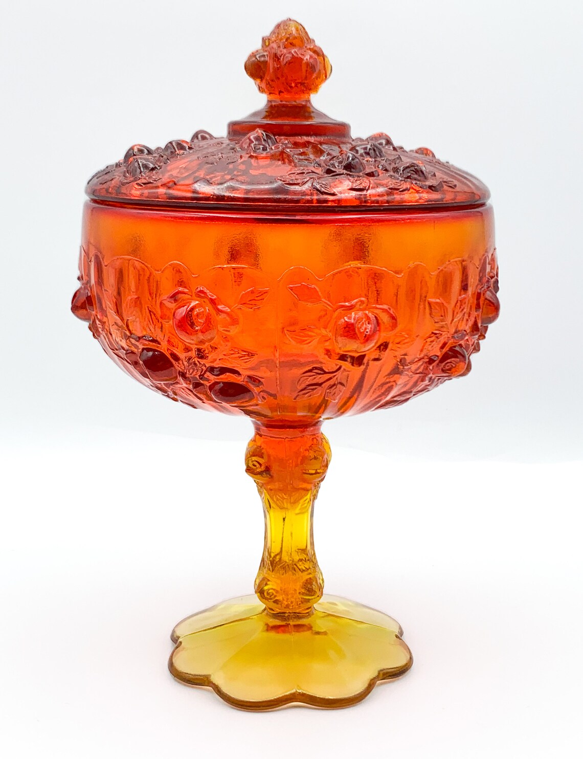 Vintage FENTON Amberina Compote with Lid in Cabbage Rose | Etsy