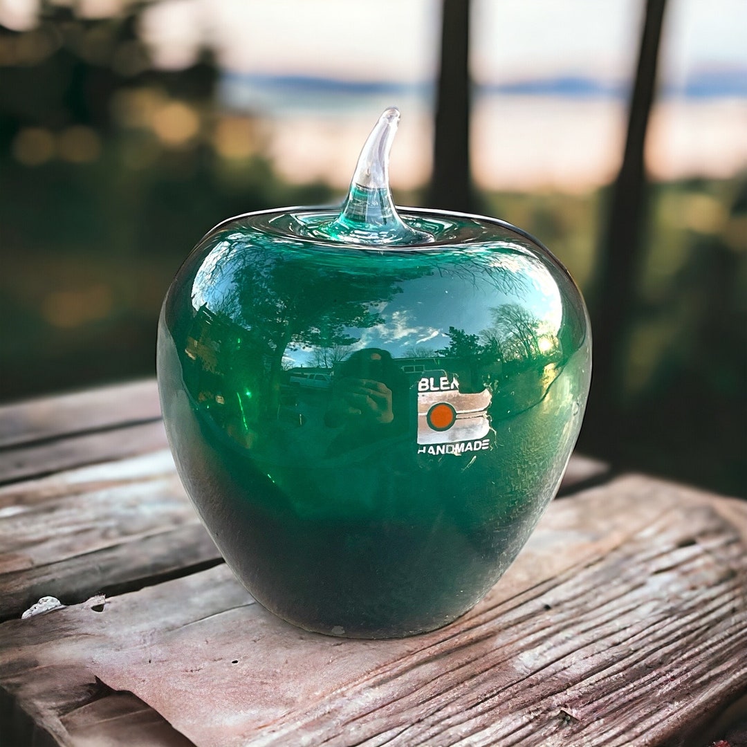 Vintage Blenko Glass Apple in Green With Clear Stem and Original Blenko ...