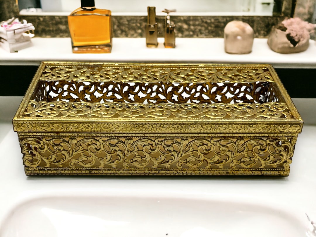 Vintage Tissue Box Cover Gold Metal Filigree Hollywood Regency / Home ...