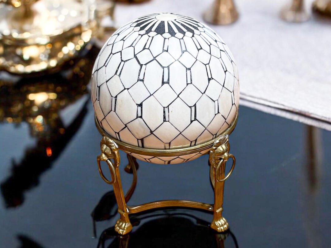 Vintage Hand-carved Bone Sphere Orb With Mosaic Pattern on Brass Stand ...