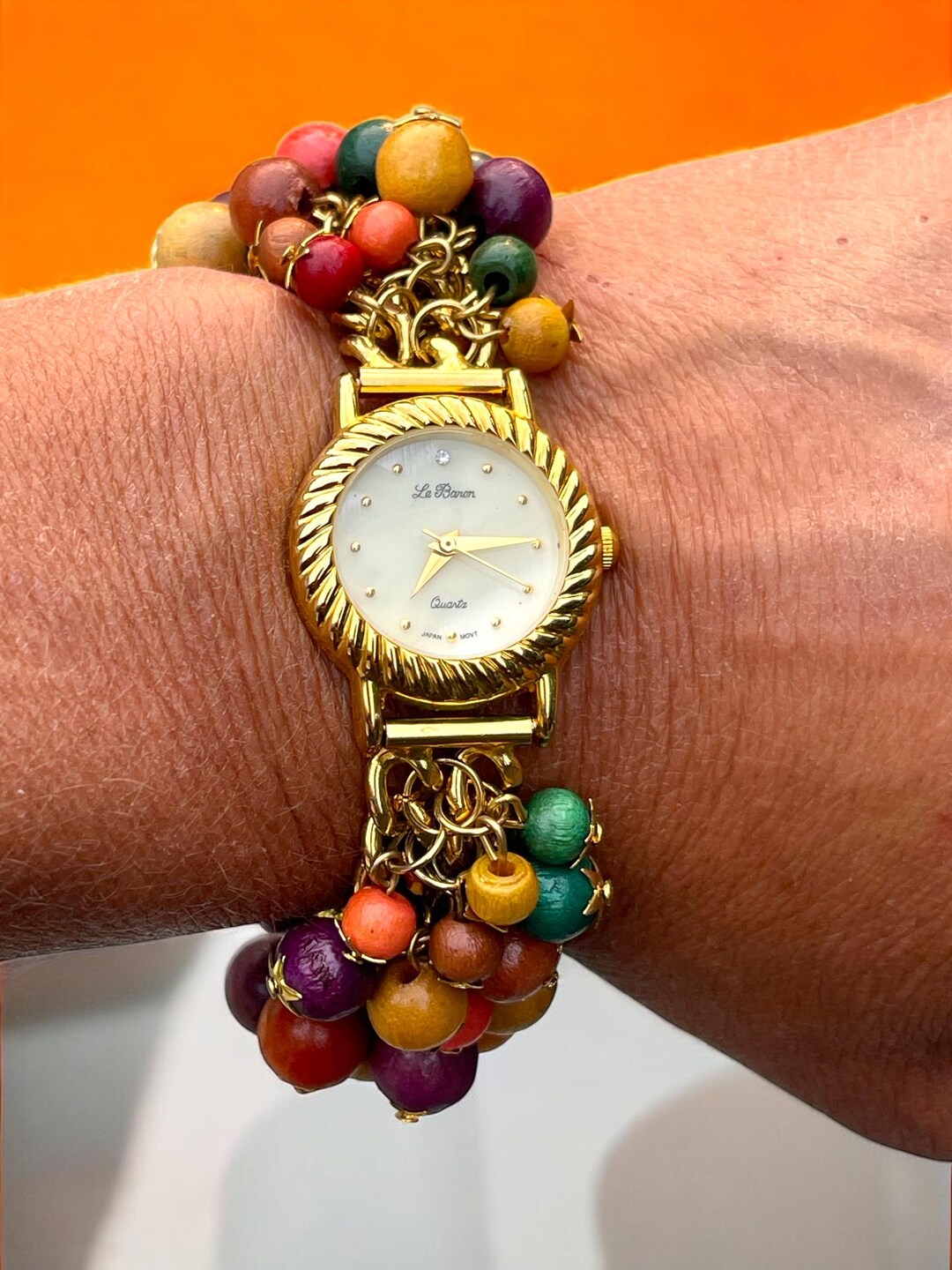 Vintage Lebaron Wood Bead Watch: Japan Movement, Gold Star Accents - Etsy