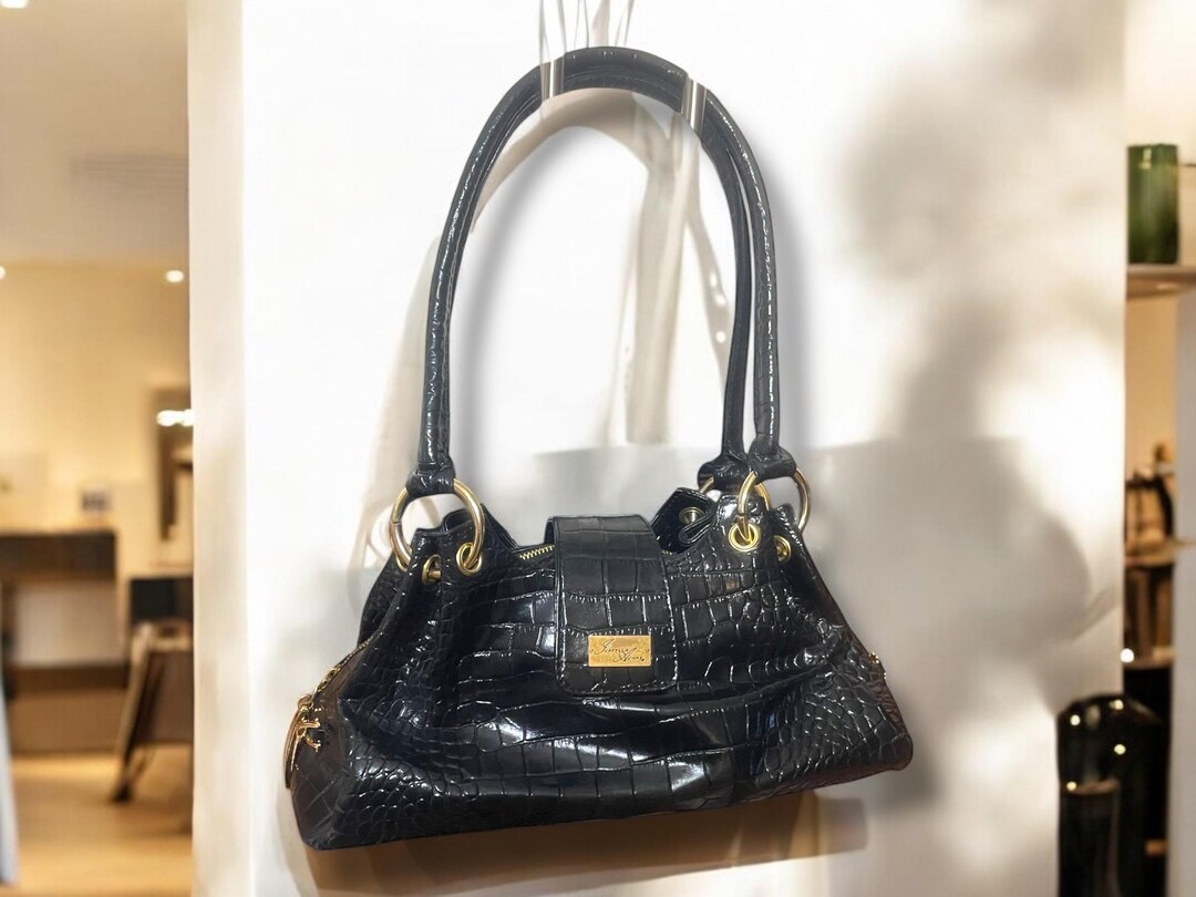 Vintage Isabella Adams Black Croc Embossed Leather Shoulder Bag Purse ...