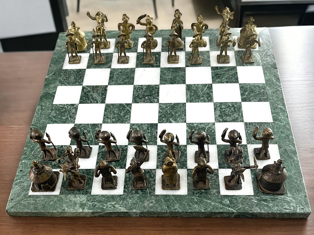 Antique Brass African Warrior Chess Pieces Complete / Metal Chess ...