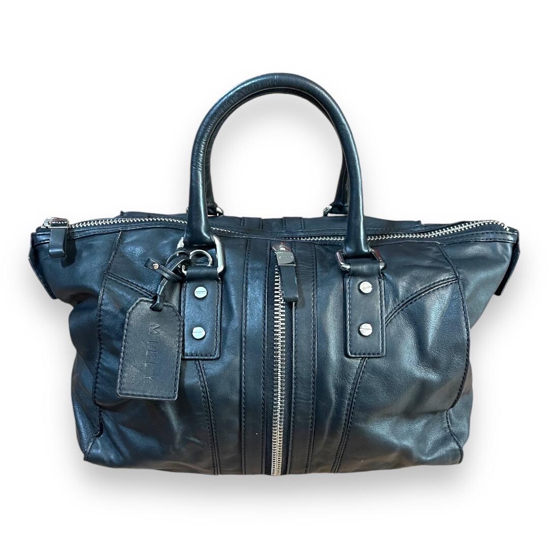 Vintage MILLY Black Leather Satchel Purse Bag Tote With Zipper and ...