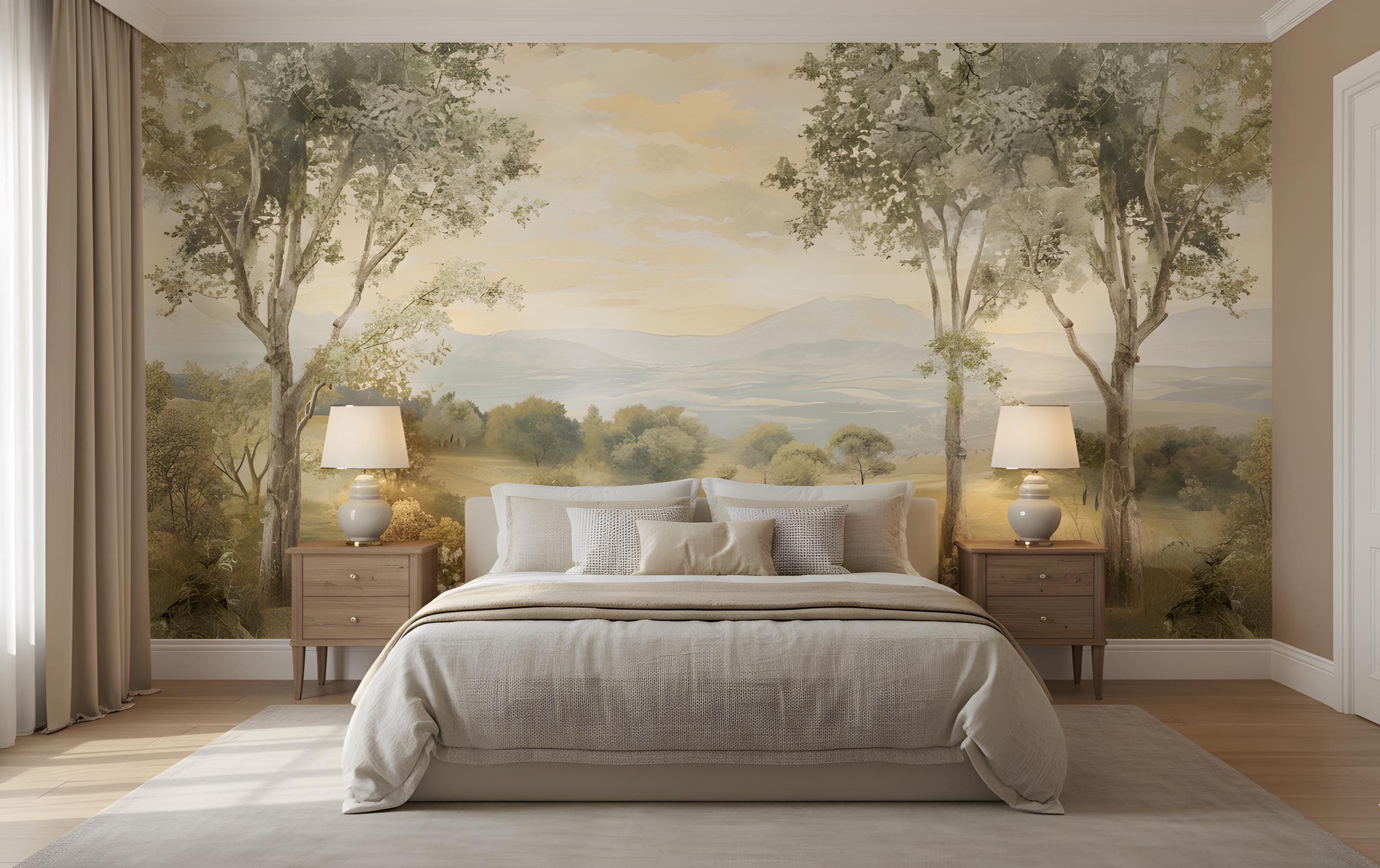 Landscape Wall Mural Wallpaper, Neutral Bedroom Wallpaper, Vintage ...
