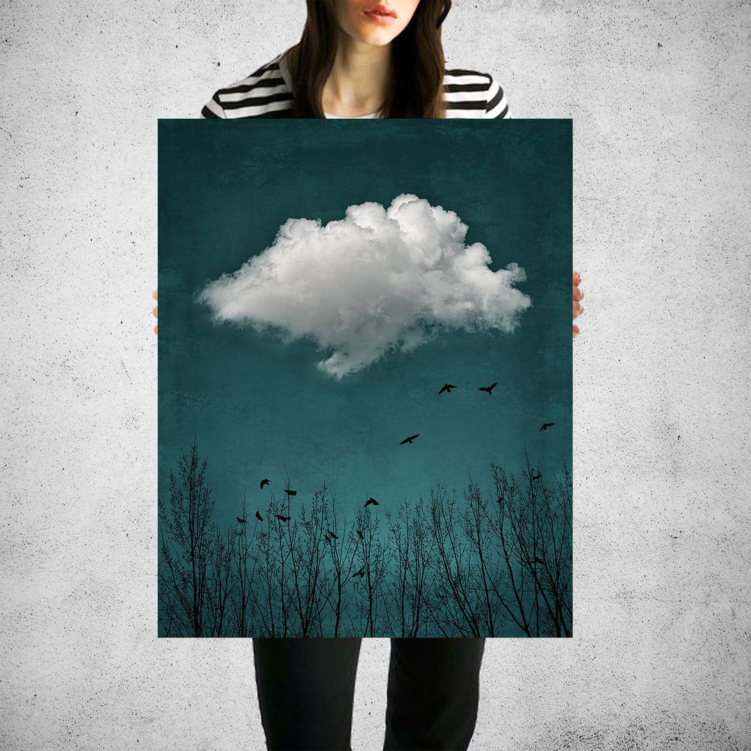 Cloud Wall Art, Crow Art, Teal Wall Art, Crow Prints, Cloud Art, Flying ...