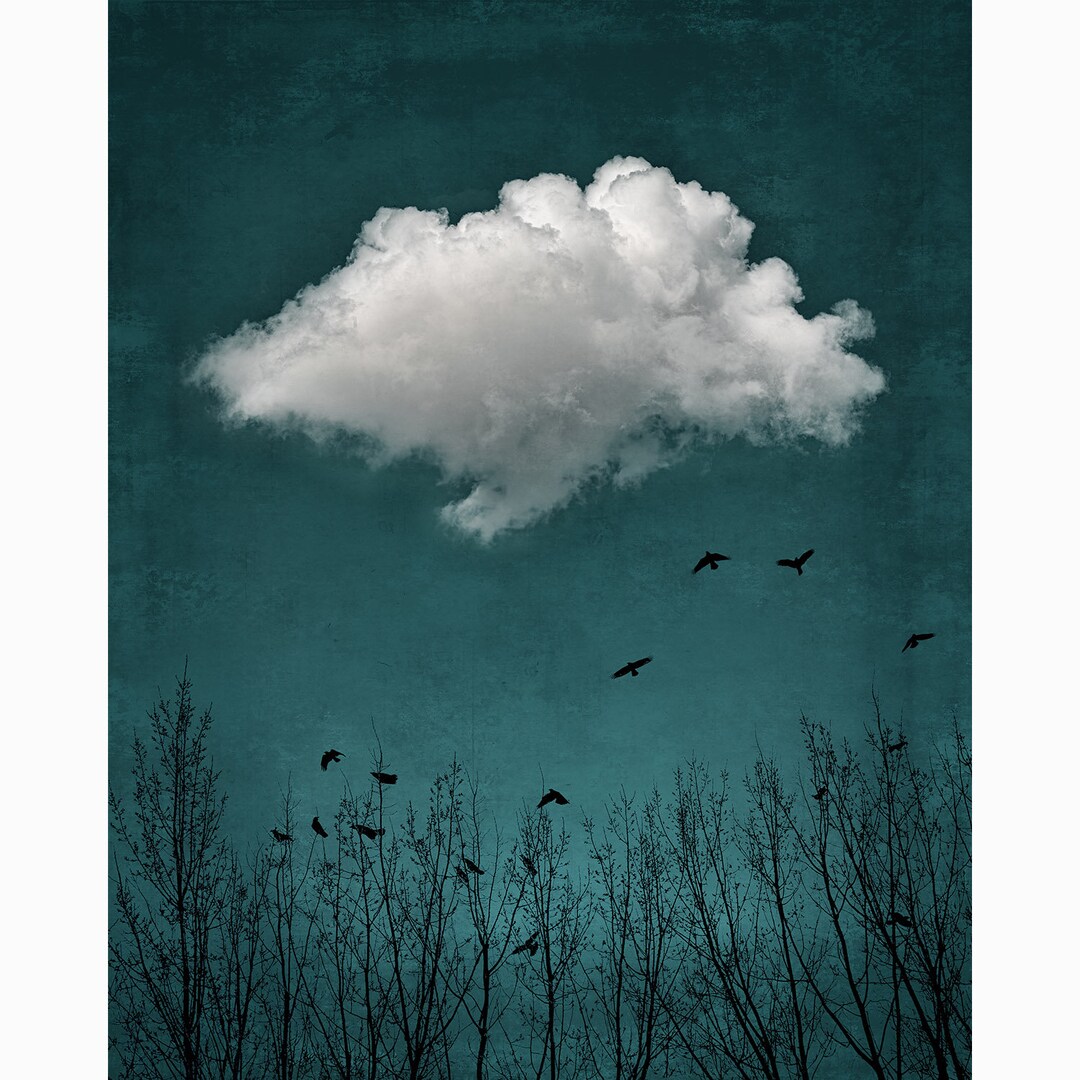 Cloud Wall Art, Crow Art, Teal Wall Art, Crow Prints, Cloud Art, Flying ...