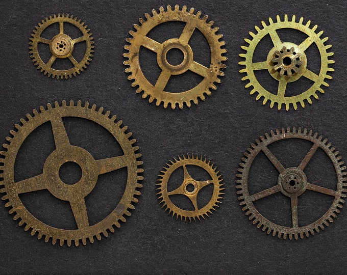 6 Large Vintage Brass & Steel Gears, Antique Clockwork Gears, Wheels ...