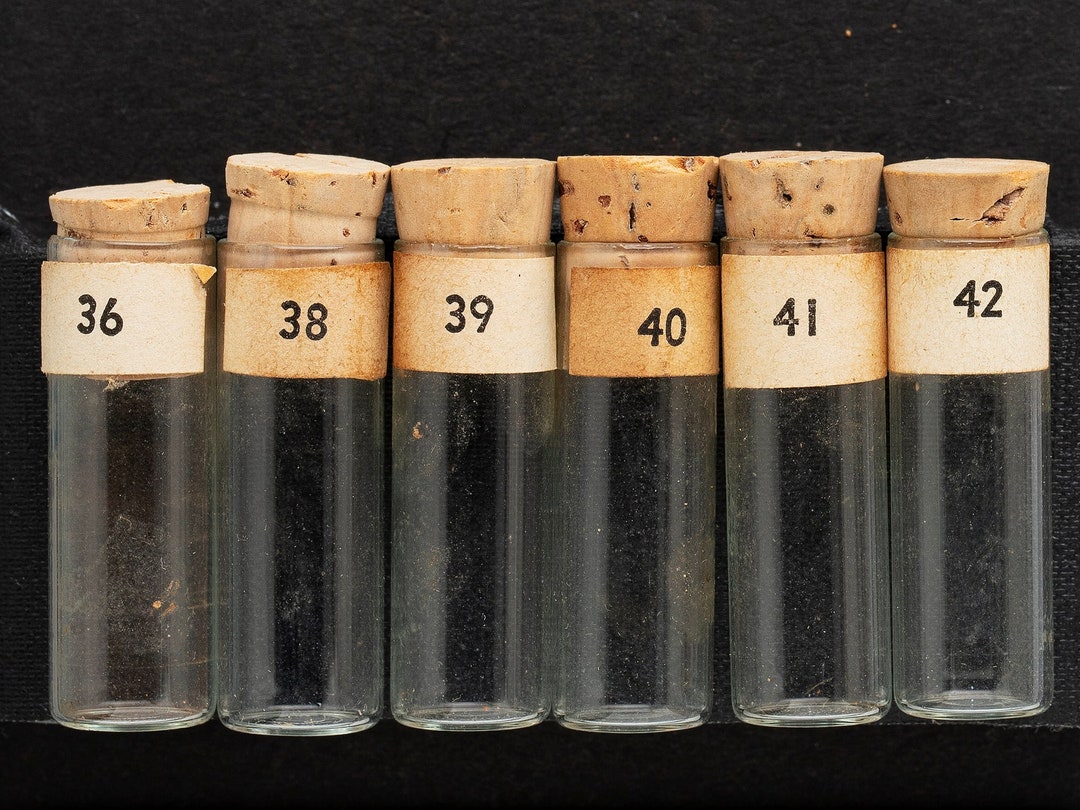 6 Vintage Glass Bottles With Cork Stoppers and Numbered Labels Antique ...