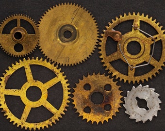6 Large Vintage Brass & Steel Gears, Antique Clockwork Gears, Wheels ...