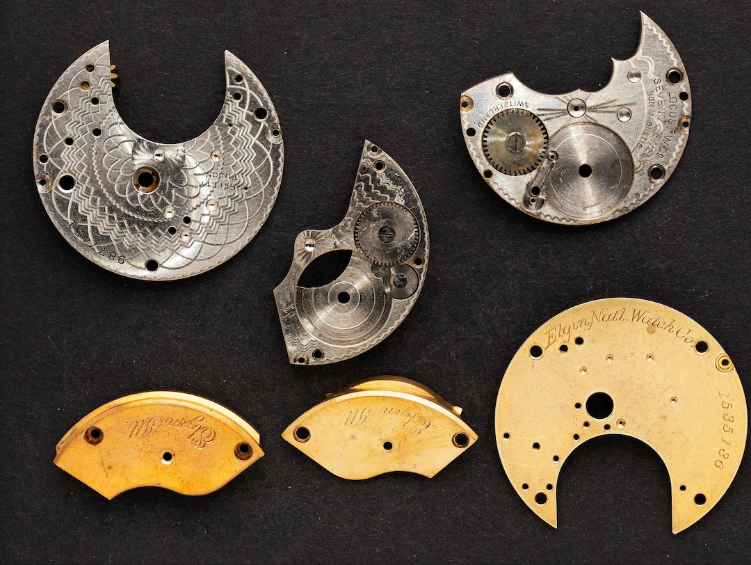 6 Vintage Pocket Watch Movement Plates, Decorative Engraved Metal, Some ...