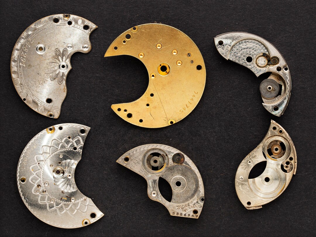 6 Vintage Pocket Watch Movement Plates, Decorative Engraved Metal, Some ...
