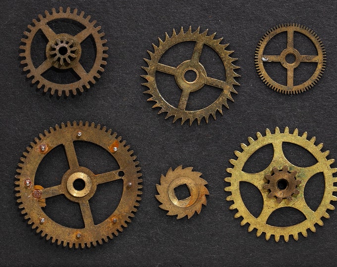 6 Large Vintage Brass & Steel Gears, Antique Clockwork Gears, Wheels ...