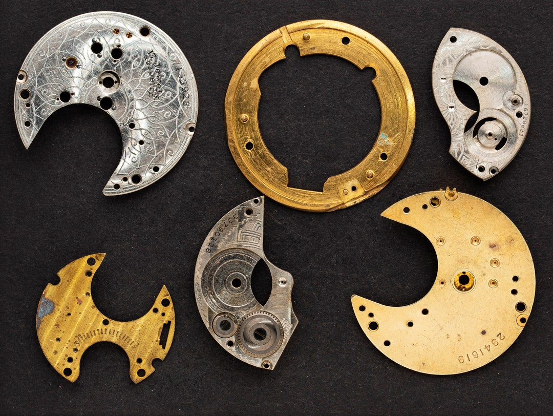6 Vintage Pocket Watch Movement Plates, Decorative Engraved Metal, Some ...