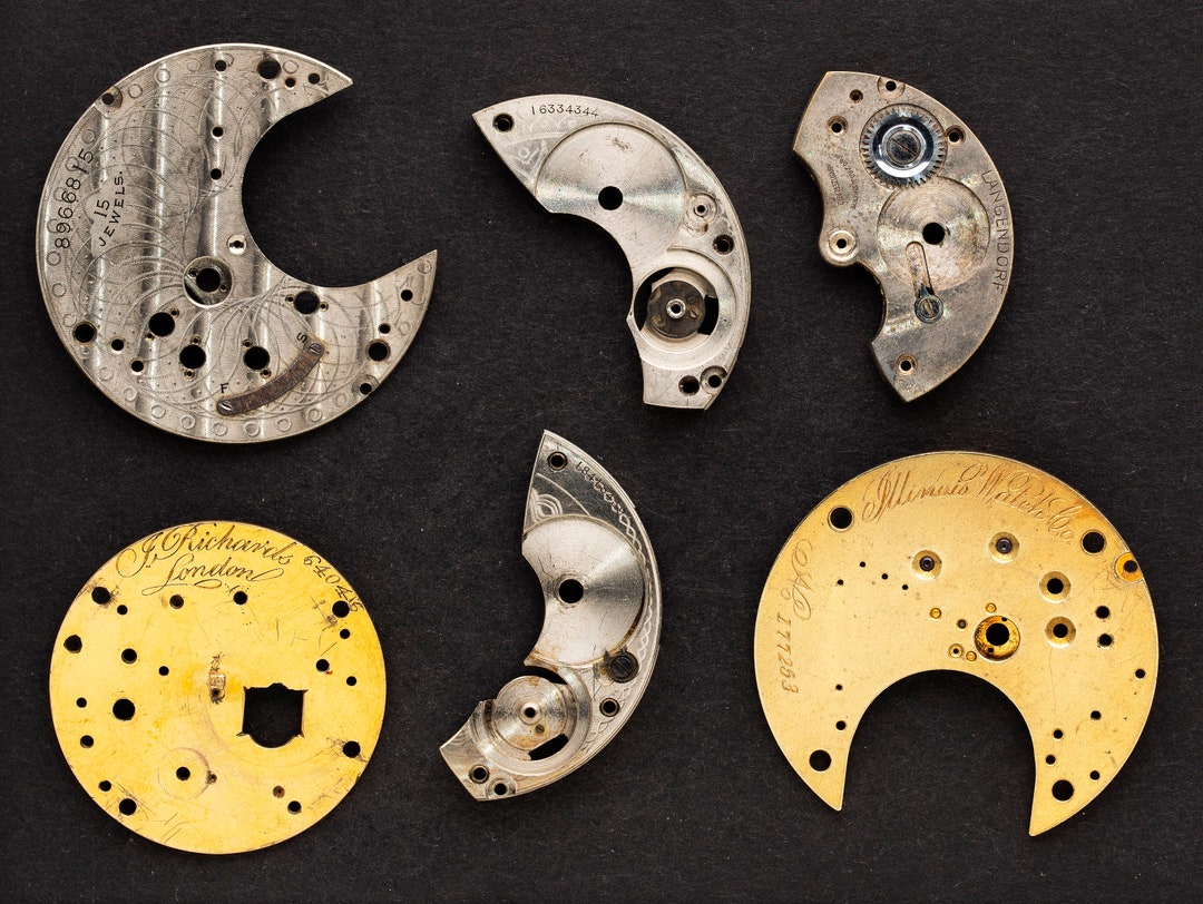 6 Vintage Pocket Watch Movement Plates, Decorative Engraved Metal, Some ...