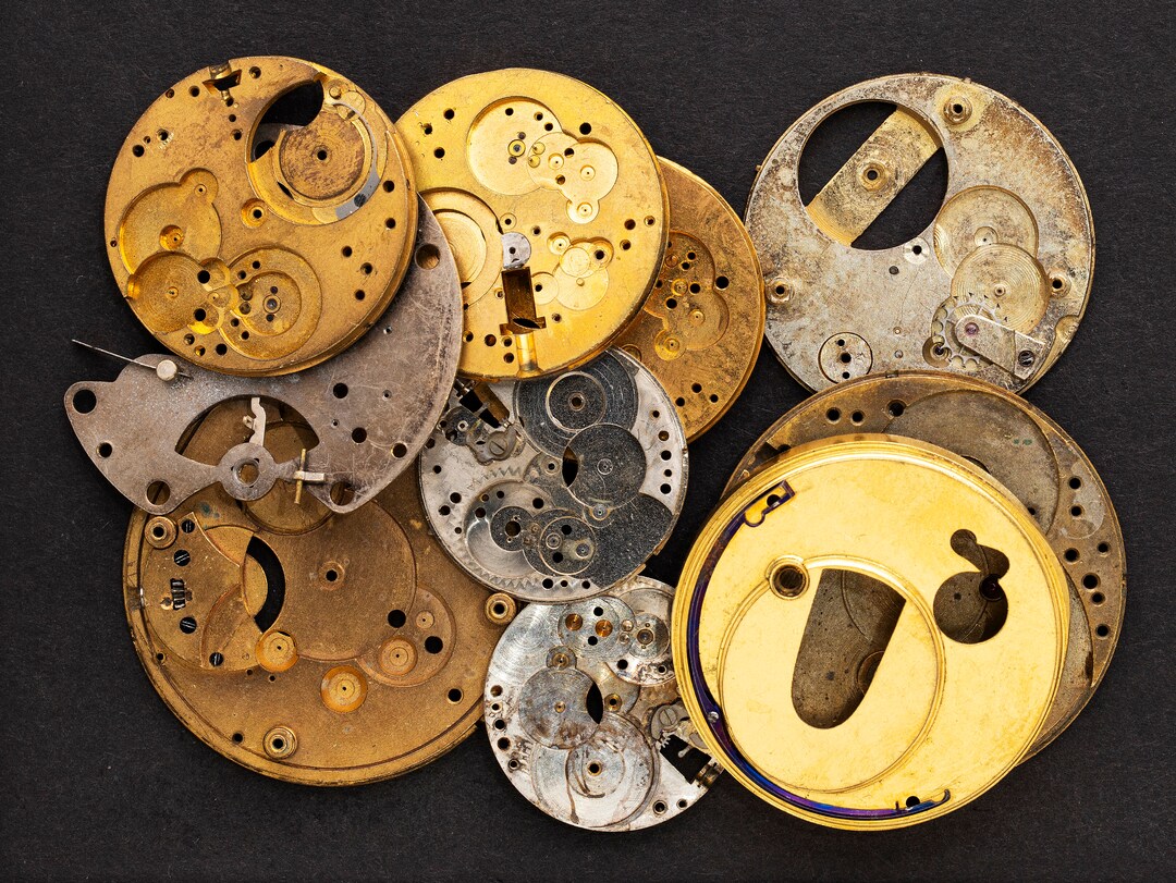 Lot of Vintage Pocket Watch Movement Parts in Brass and Steel With Some ...