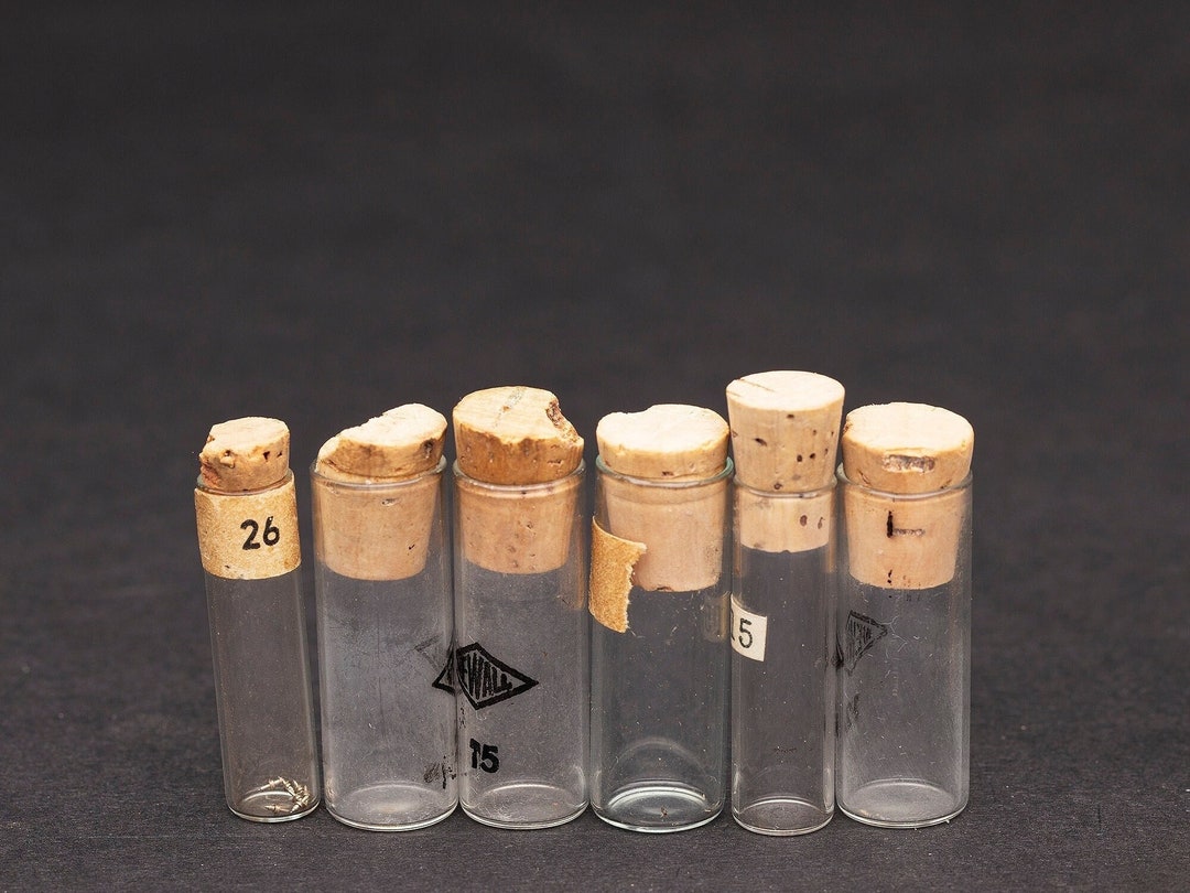 6 Vintage Glass Bottles - Antique Vials or Flasks Some With Cork ...