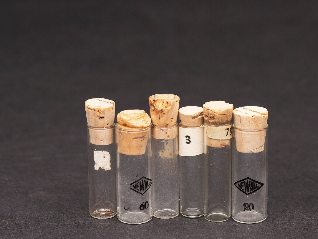 6 Vintage Glass Bottles Antique Vials or Flasks Some With Cork Stoppers ...