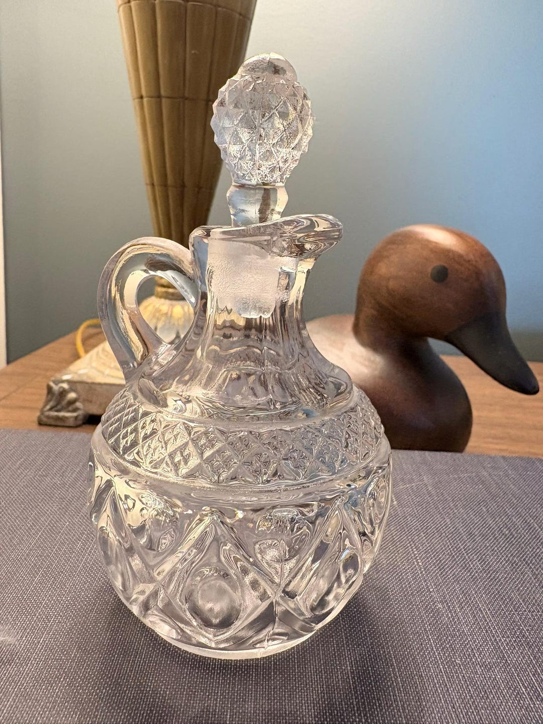Vintage Cut Glass Cruet With Stopper | Mid Century Pressed Glass Oil ...