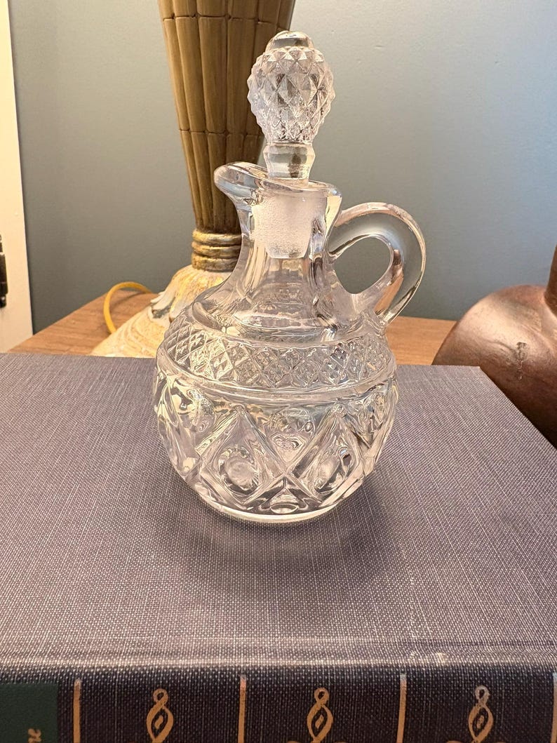 Vintage Cut Glass Cruet With Stopper | Mid Century Pressed Glass Oil ...