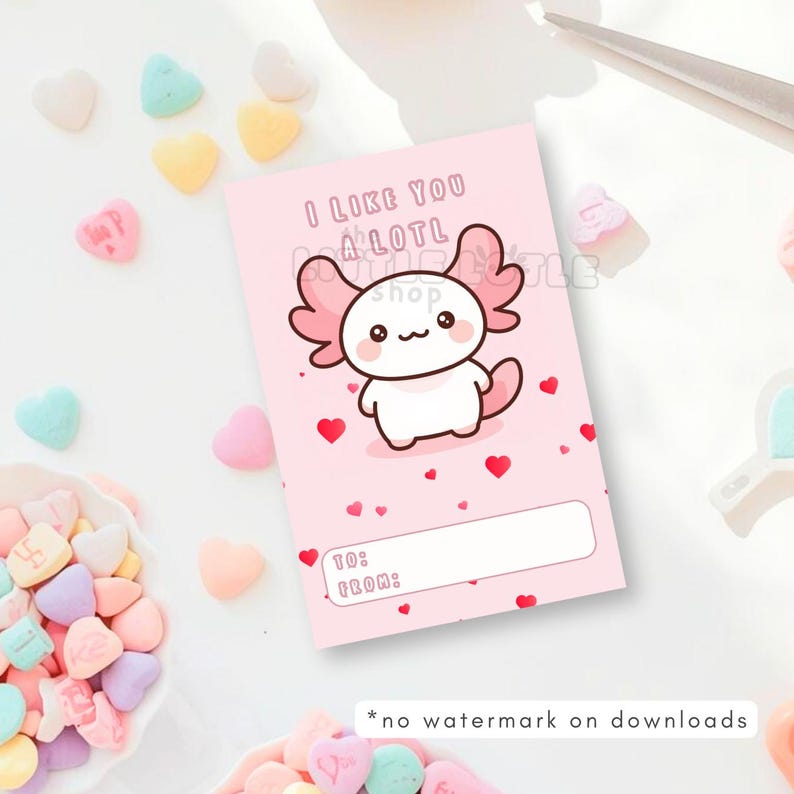 Axolotl Valentine Cards for Kids – Cute Pink Printable Classroom ...