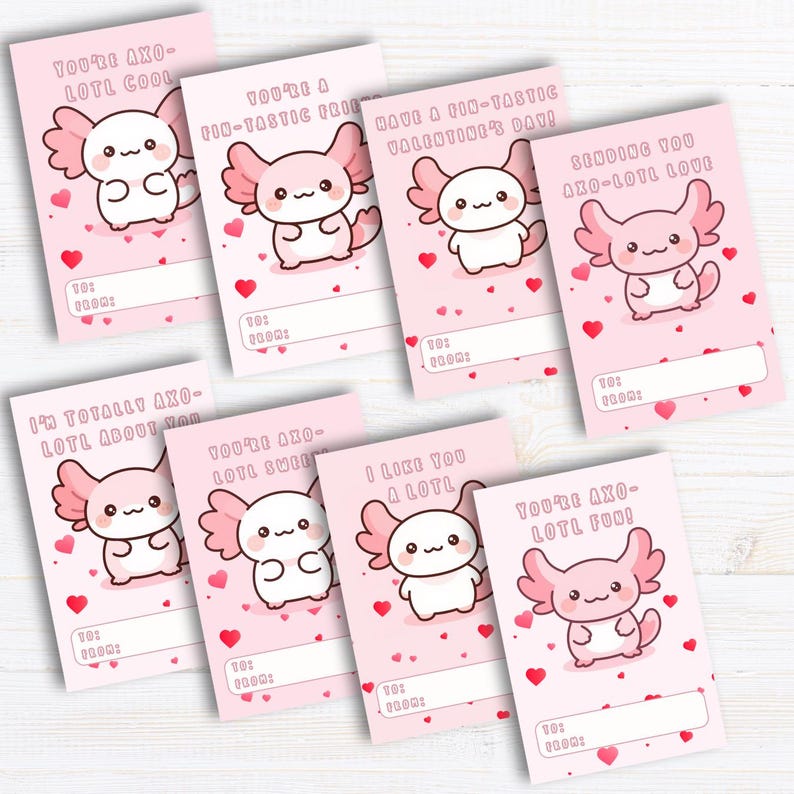 Axolotl Valentine Cards for Kids – Cute Pink Printable Classroom ...