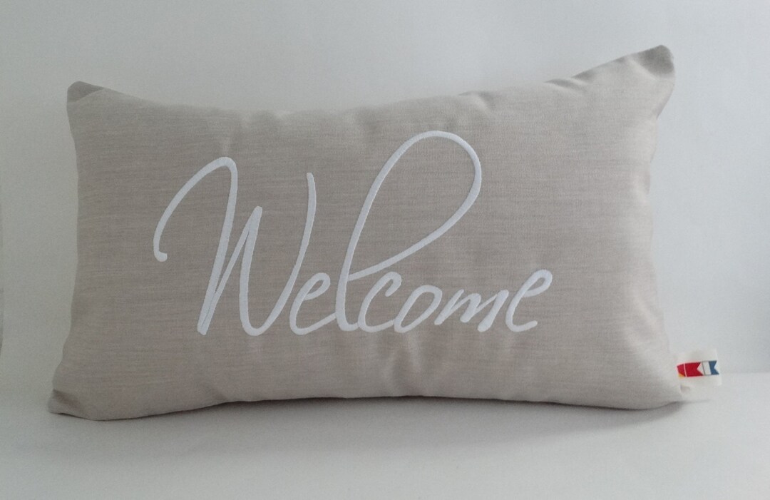 Welcome Lumbar Pillow Cover: Embroidered Sunbrella Accent Pillow (12x20 ...