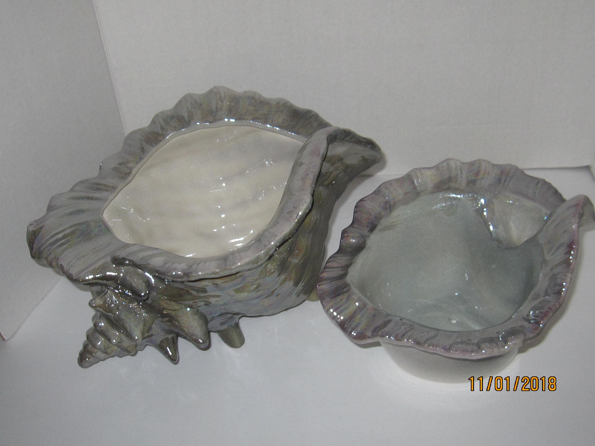 Two Piece Conch Sea Shell Ceramic Planter Iridescent