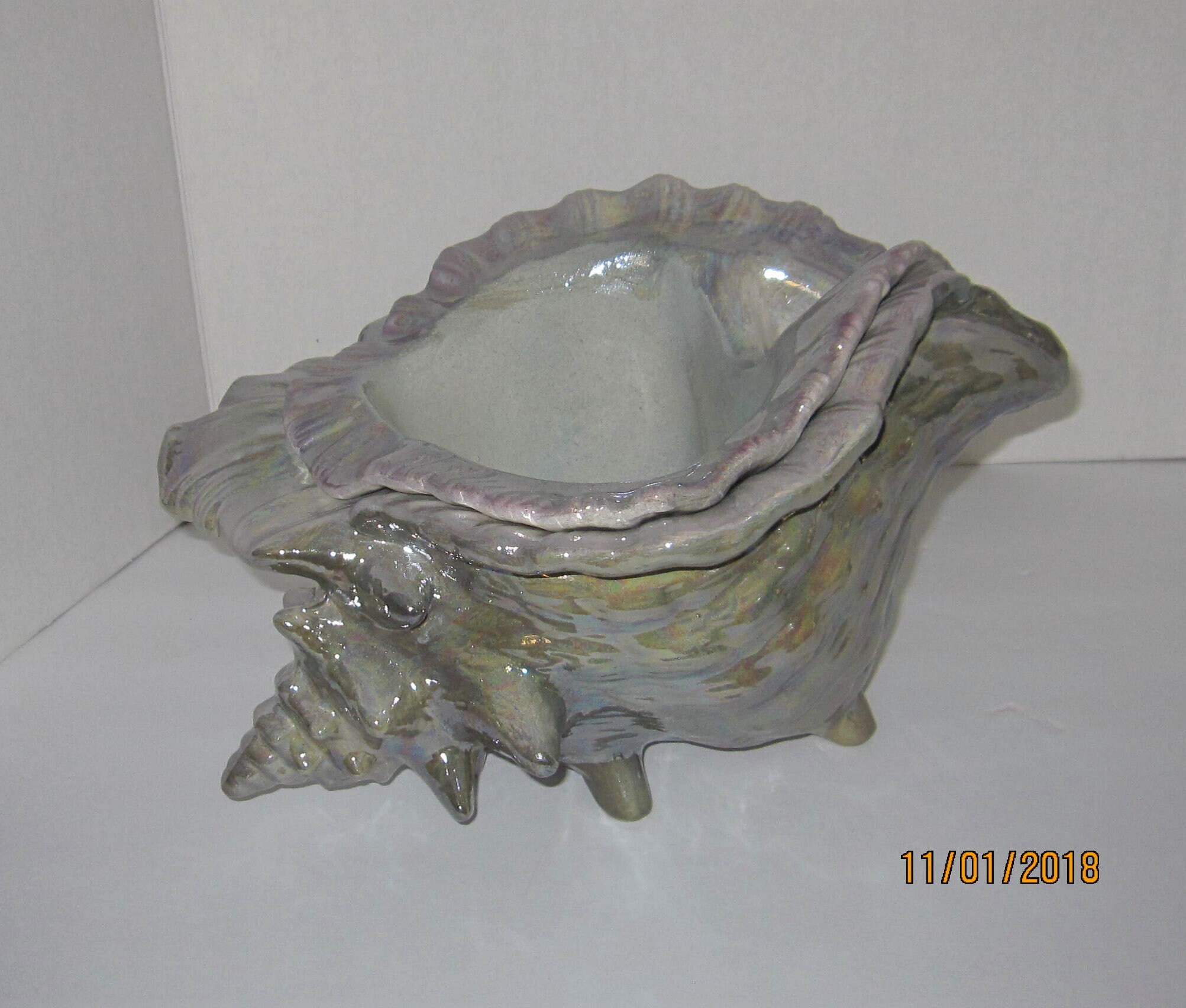 Two Piece Conch Sea Shell Ceramic Planter Iridescent