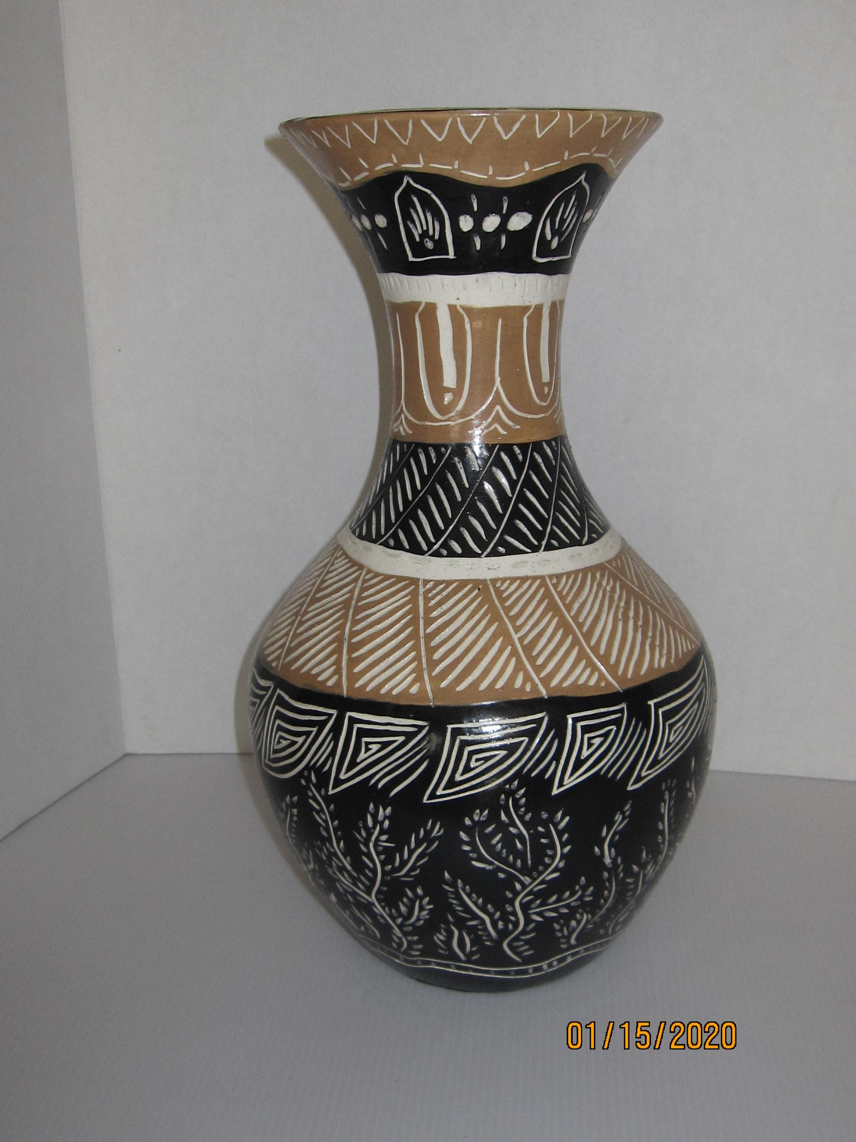 Vintage Intricate Hand Carved Greek Geometric Vase