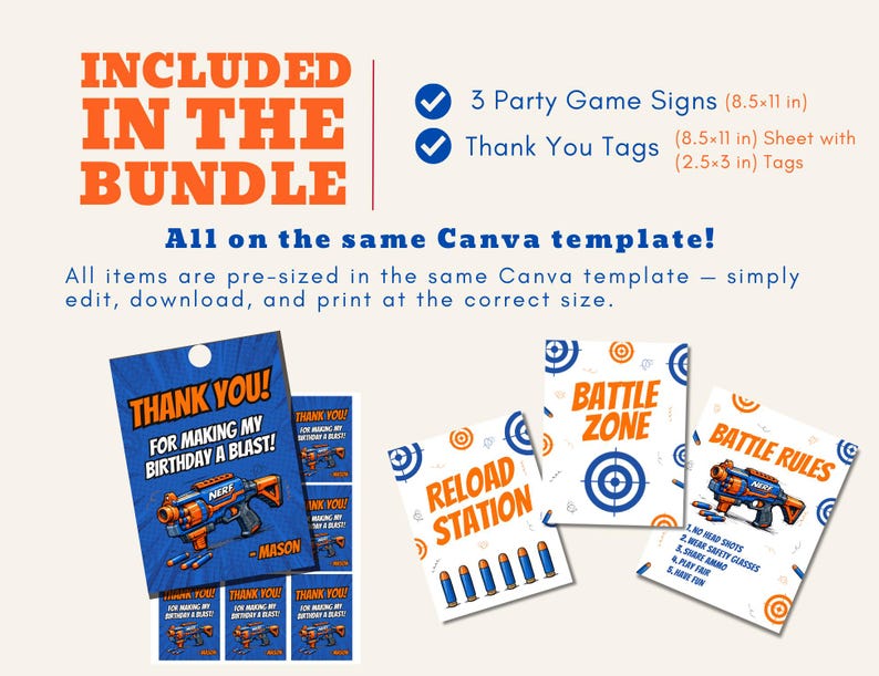 Nerf Birthday Party Pack | Editable Signs & Thank You Tags (digital ...