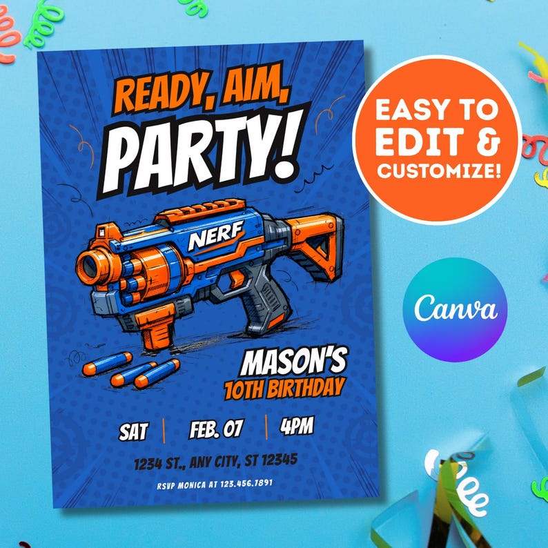 Kids Editable Nerf Birthday Invitation Template, Dart Gun Party ...