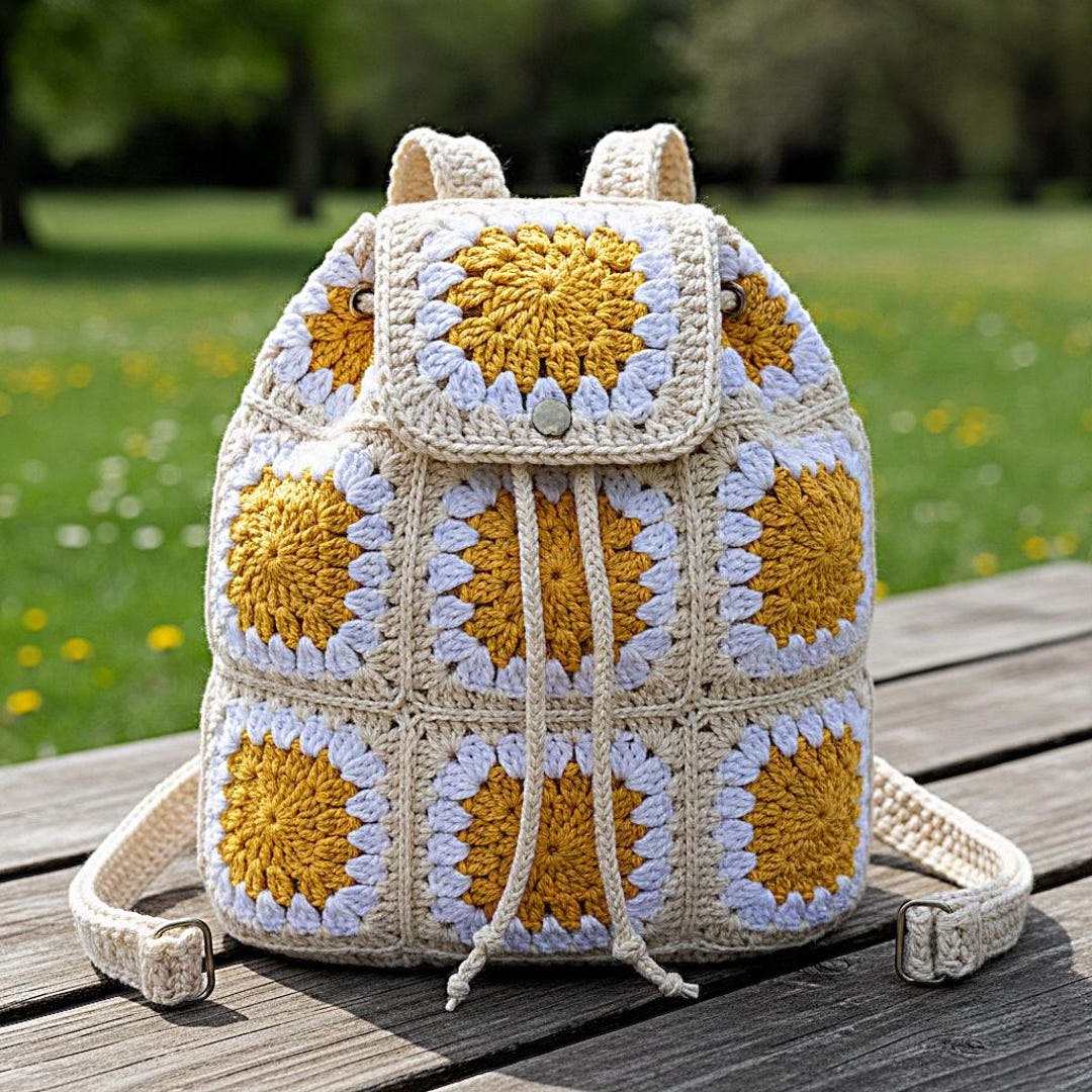 Crochet Daisy Backpack, Granny Square Crochet Backpack, Diy Crochet ...