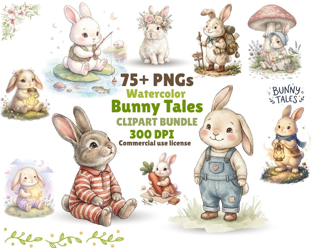 Watercolor Bunny Clipart Bundle: 75+ Hand Drawn Rabbit Pngs, Bunny ...