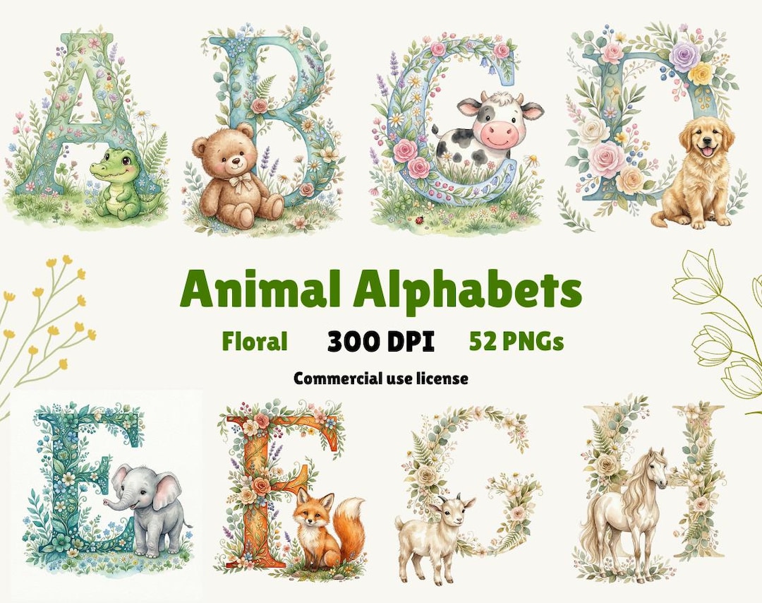 Animal Alphabet Clipart Bundle, Floral Letters A–z,baby Animals PNG ...