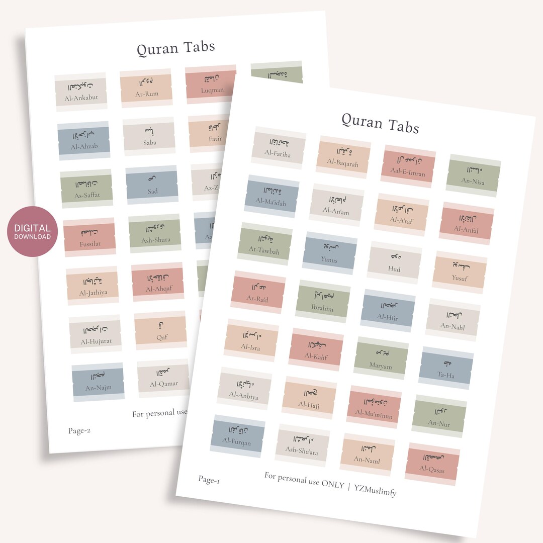 Printable Mini Quran Tabs – 114 Surah & 30 Juz | Muted Pastel Colors ...