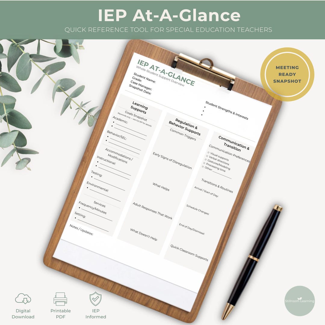IEP at A Glance Printable Pdf | Special Education Teacher Organizer ...