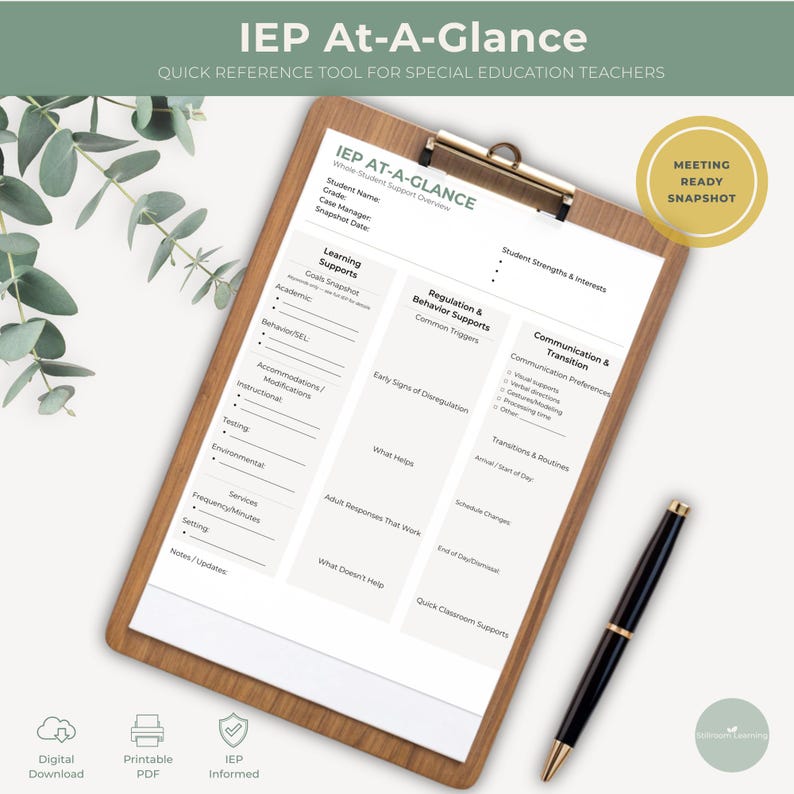 IEP at A Glance Printable Pdf | Special Education Teacher Organizer ...